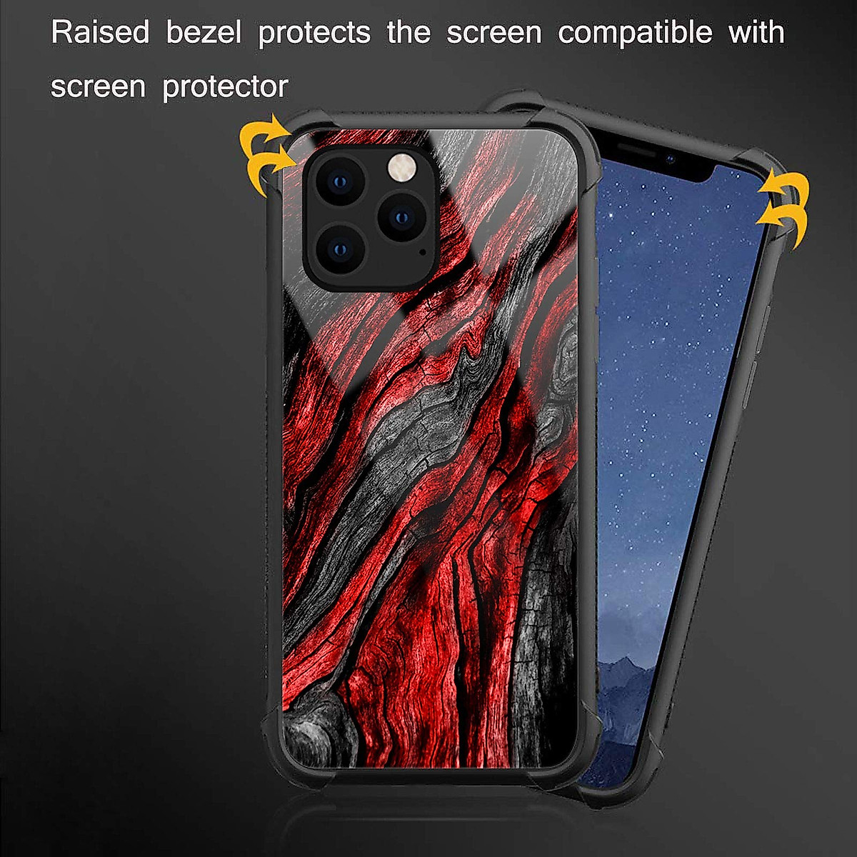 CARLOCA Compatible with iPhone 12 Mini Case,Black Red Wood Grain iPhone 12 Mini Cases for Boys Girls,Graphic Design Shockproof Anti-Scratch Case for iPhone 12 Mini