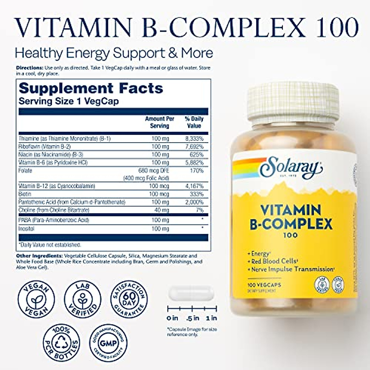 SOLARAY Vitamin B-Complex 100 mg, Healthy Energy, Blood Cell Formation & Nerve Impulse Transmission Support, 100 VegCaps (100 Count)