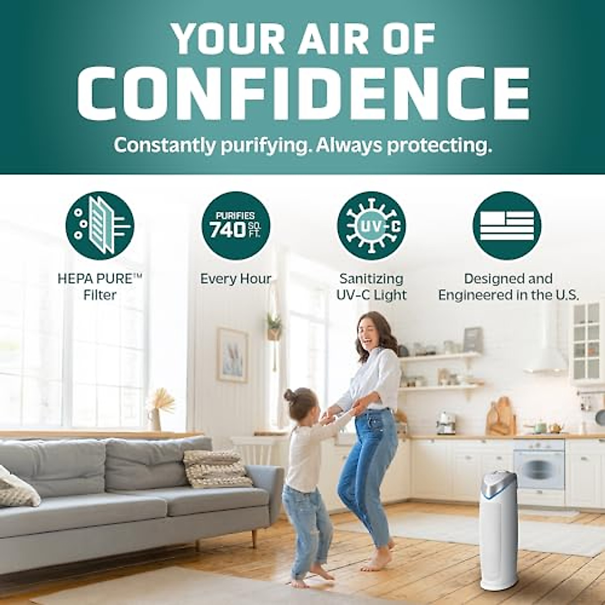 GermGuardian Air Purifier with HEPA 13 Filter, Removes 99.97% of Pollutants, Covers Large Room up to 743 Sq. Foot Room in 1 Hr, UV-C Light Helps Reduce Germs, Zero Ozone Verified, 22”, White, AC4825W