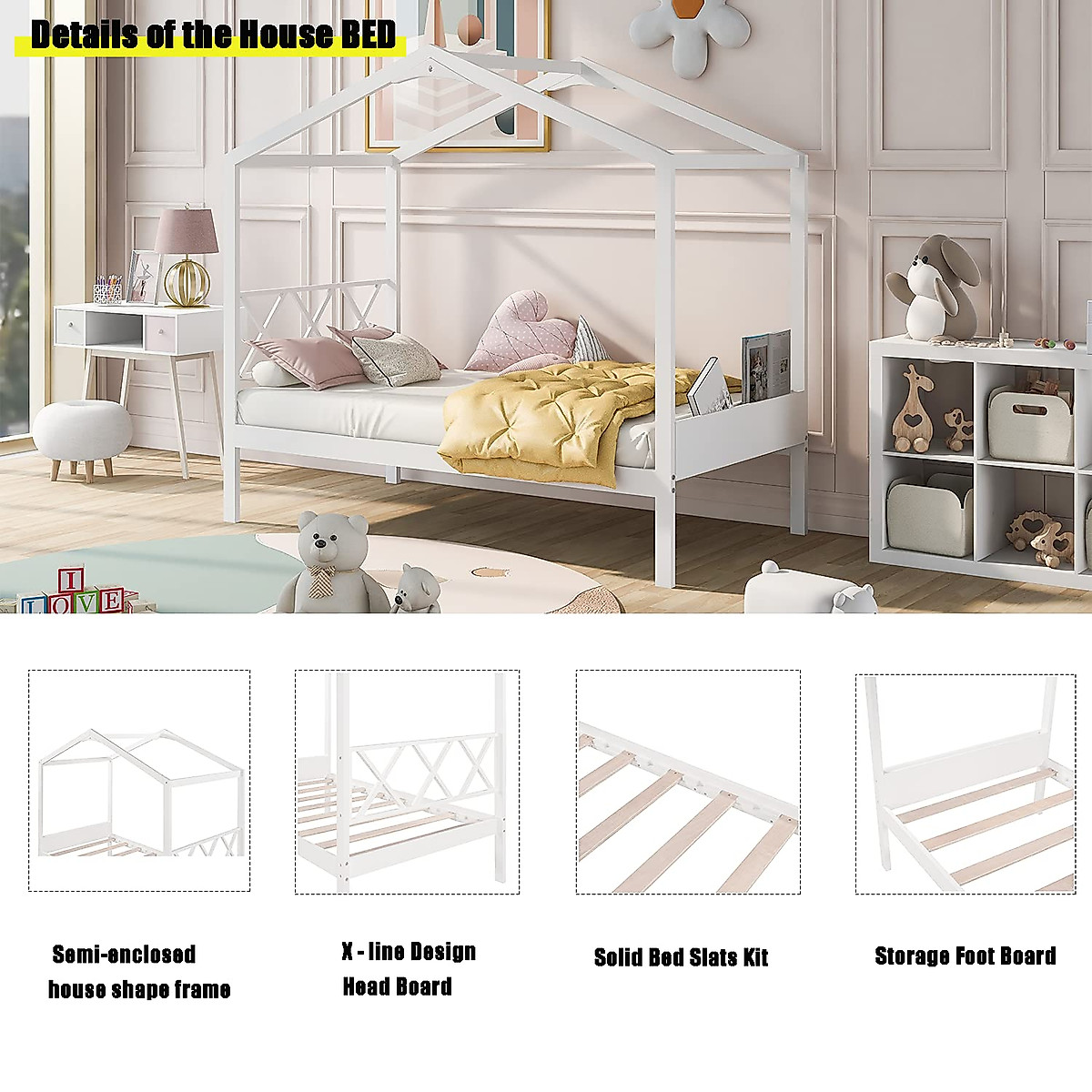 Full House Bed for Kids Montessori Bed with Headboard and Storage Footboard Wood Platform Bed Frame White House Beds for Girls Boys Teens Adults, Full Size, White