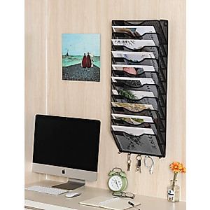 EasyPAG Hanging File Organizer Wall Mount 10 Pocket Vertical Wall Folder Holder Mail Organizer with 5 Key Hook for Office and Classroom,Black