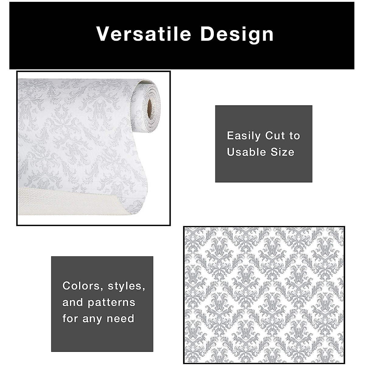 Smart Design Bonded Grip Shelf Liner - 12 Inch x 10 Feet - Non Adhesive, Strong Grip Bottom, Easy Clean Kitchen Drawer, Cabinet, Cupboard Dresser Protector Cover, Non Slip Rubber Mat - Fleur Gris