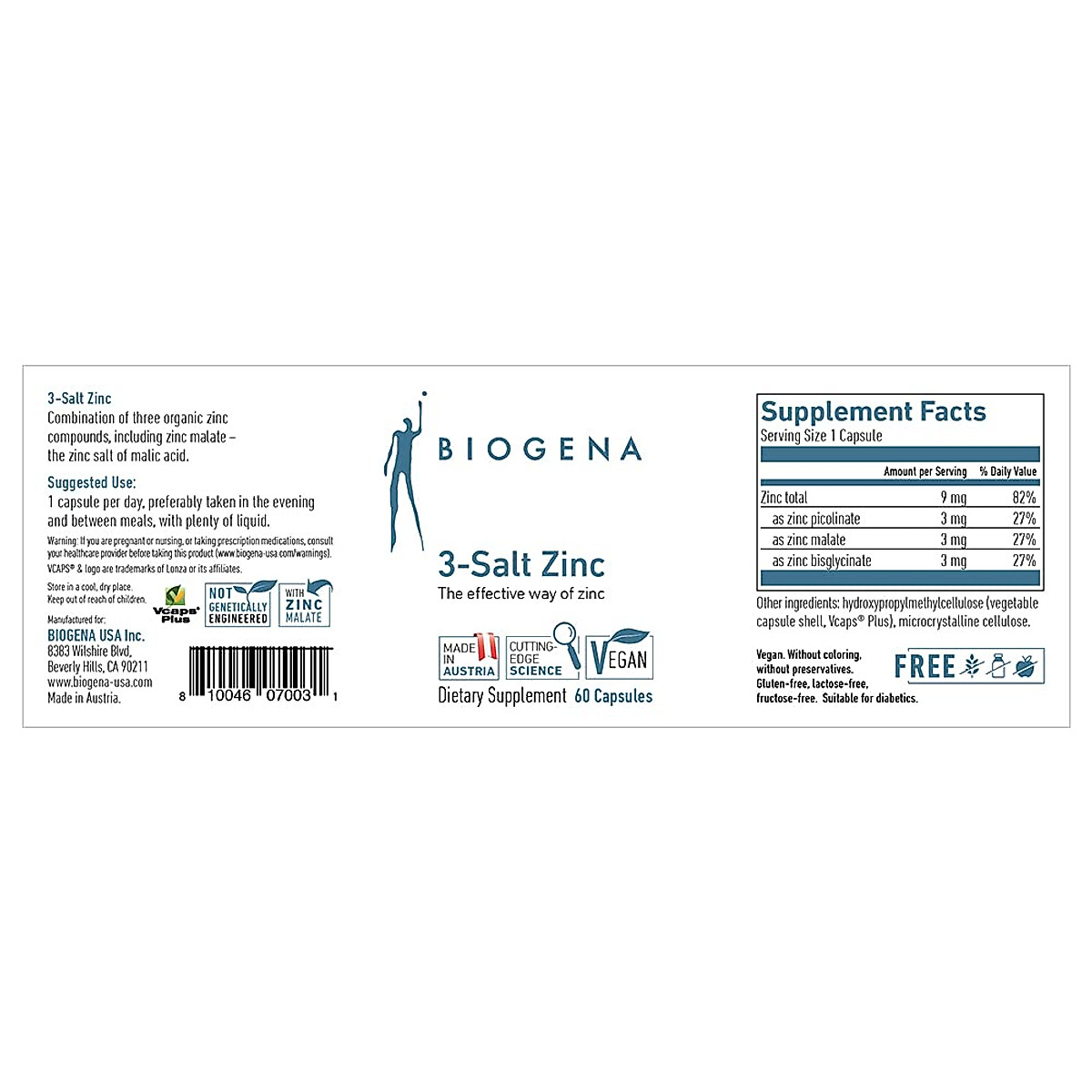 Biogena 3-Salt Zinc - Three Highly bioavailable Organic zinc compounds - 60 Capsules
