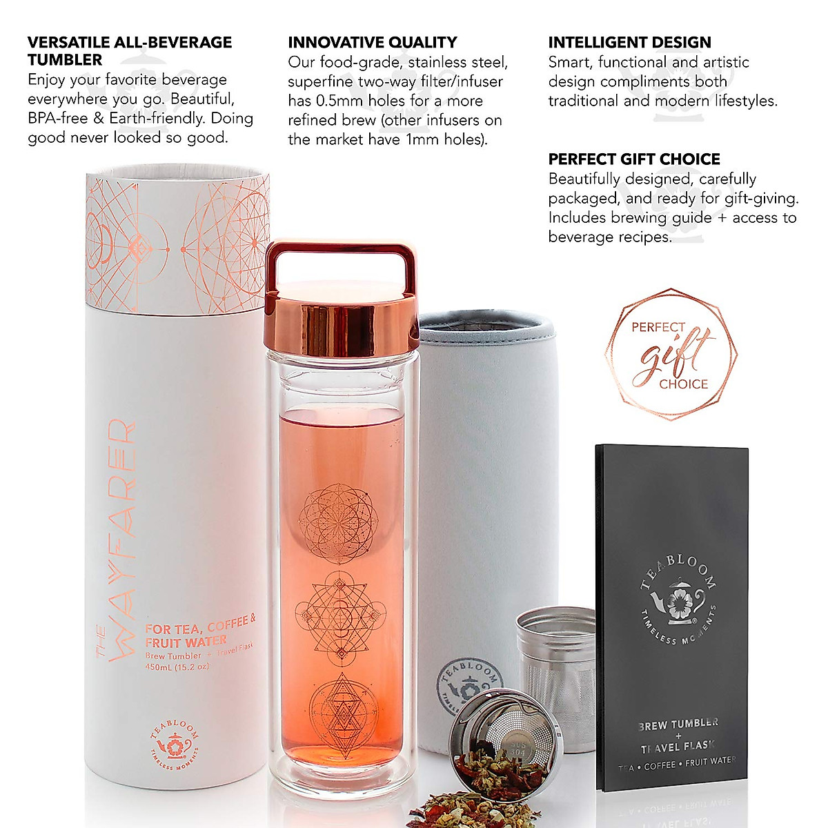 Teabloom All-Purpose Beverage Tumbler – 15 oz / 450 ml Insulated Glass Bottle – Tea, Coffee, Fruit Infused Water – All-Temperature Travel Mug – Stainless Steel Infuser Basket – The Wayfarer Tumbler