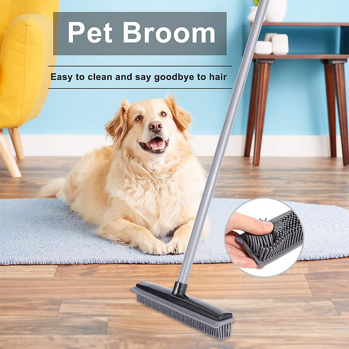 Pet Hair Remover Rubber Broom with Squeegee Edge 59 inches Adjustable Carpet Rake Long Handle Push Broom for Hair Pet Dog Carpet Hardwood Floor Tile Windows Cleaning
