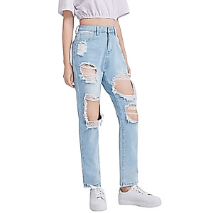 SweatyRocks Teen Girl's High Waisted Straight Leg Ripped Jeans Washed Denim Pants with Pockets Light Wash 8-9Y
