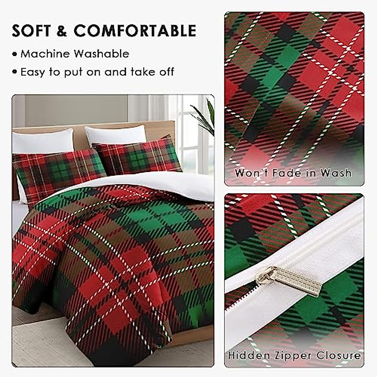 Duvet Cover Full Size, Christmas Plaid Red Green Bedding Set with Zipper Closure for Kids and Adults, Winter Geometric Woven Comforter Cover with 2 Pillow Shams for Bedroom Bed Decor