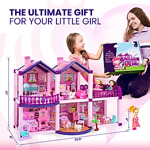 Dollhouse with 2 Princesses, 4 Unicorns, Dog, Furniture and Accessories - Pink and Purple Dream Doll House Toy for Little Girls - 5 Rooms w/Garden, Furniture and Accessories, Gift for Girls Ages 2-8