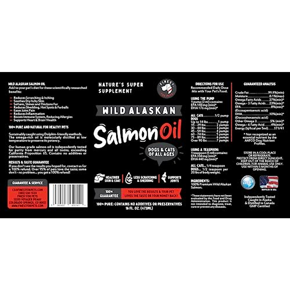 Pure Wild Alaskan Salmon Oil for Dogs & Cats - Relieves Scratching & Joint Pain, Improves Skin, Coat, Immune & Heart Health. All Natural Omega 3 Liquid Food Supplement for Pets. EPA + DHA Fatty Acids