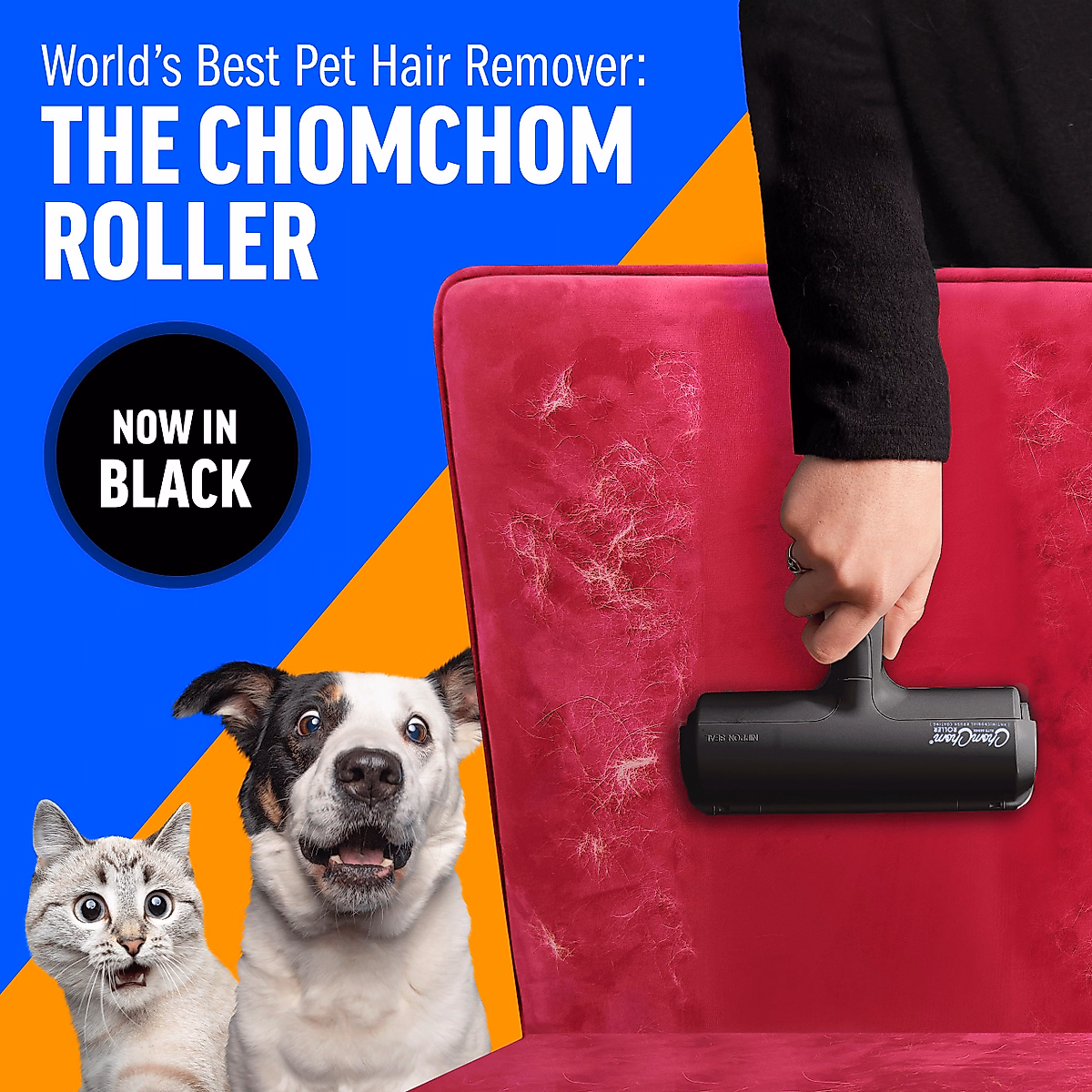 Chom Chom Roller Pet Hair Remover and Reusable Lint Roller - Black ChomChom Cat and Dog Hair Remover for Furniture, Couch, Carpet, Clothing and Bedding - Portable, Multi-Surface Fur Removal Tool