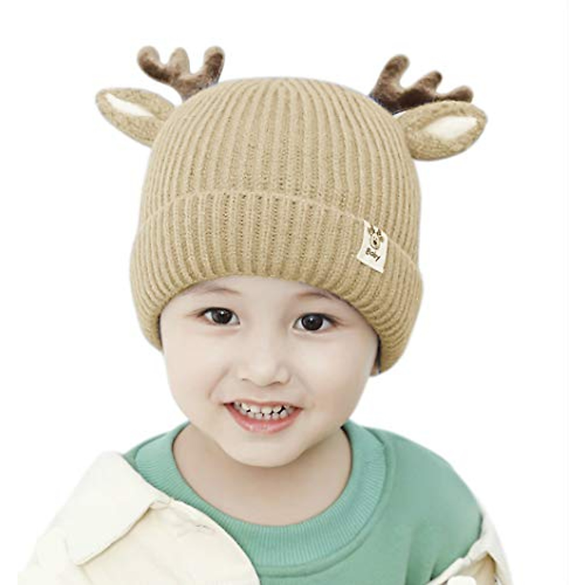 leomoste Baby Beanie Hat Cute Antlers Reindeer Crochet Knitted Hat Winter Warm Cap for Toddler Boys Girls Khaki