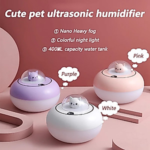 400ML household humidifier, night light cold fog humidifier, automatic timing off, automatic shutdown without water, whisper silent air humidifier, cute kitten, plant, office (Purple)