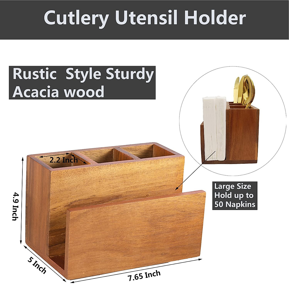 NelyBet Sliverware Holder, Utensil and Napkin Holder for Party, Woonden Siverware caddy Flatware Organizer with 3 compartments Holder for countertop Kitchen 7.7” x 5 ” x 5”H