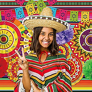 MAQTT Mexican Fiesta Backdrop for Party Decoration Coloful Horizontal Stripes Flags and Fiesta Paper Fans Photography Background for Weding or Baby Shower Supplies 7x5ft