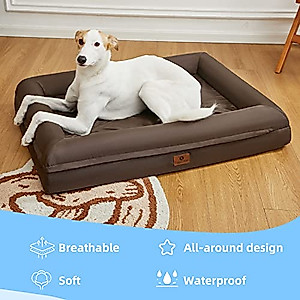 Hygge Hush Summer Waterproof Dog Bed, Washable Dog Bed with Removable Cover and Bolster, Orthopedic Dog Bed with Nonskid Bottom (X Large / 42"x30", Brown)