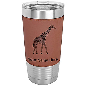 LaserGram 20oz Vacuum Insulated Tumbler Mug, Giraffe, Personalized Engraving Included (Faux Leather, Dark Brown)