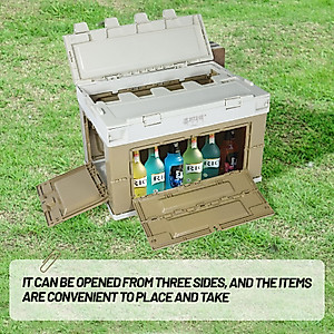 Folding Storage Box with Wooden Covers, Green Single Closet Organizer, Collapsible Storage Box, Organizing Containers Plastic with Wooden Lid for Camping Storage (2 Warm Sand Boxes with 2 Covers)