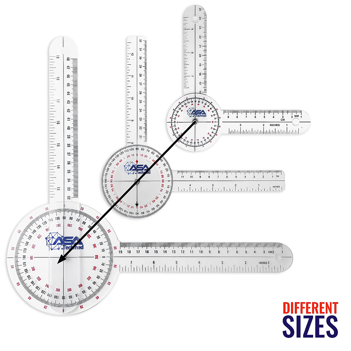 ASA TECHMED 6 Pcs 360° 12, 8 and 6 Inch Medical Spinal Goniometer Angle Protractor Angle Ruler