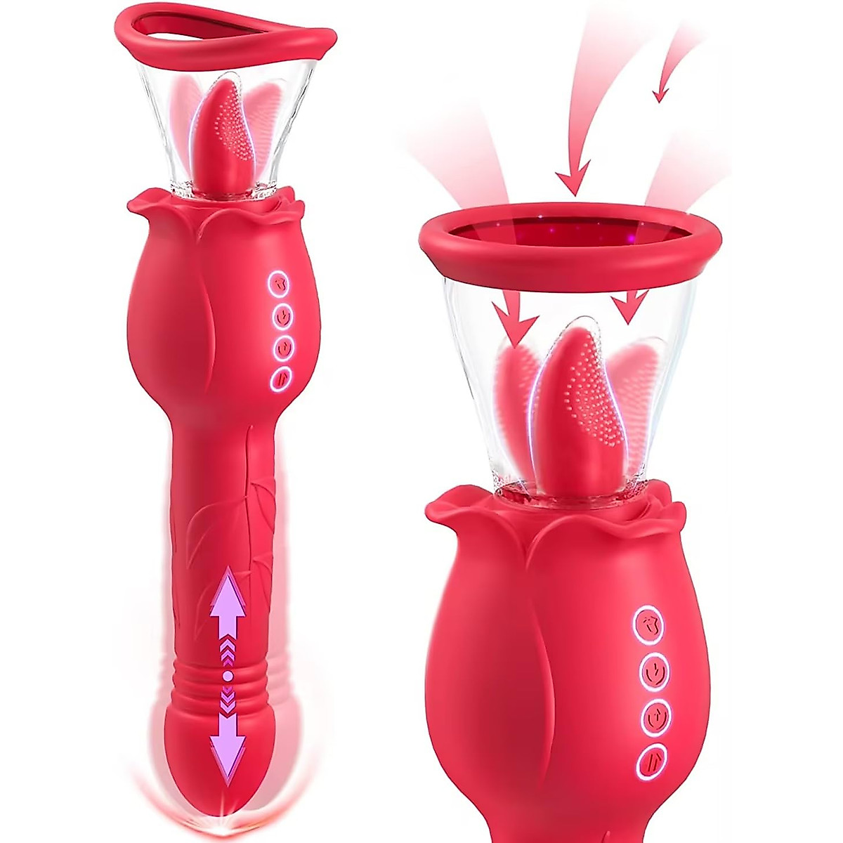 Rose Sex Toys for Women - 3in1 Rose Sex Toy Vibrator with 2 Sucking Cups, Clitoral Nipple Vibrators with 7 Tongue Licking & 3 Thrusting G Spot Dildo, Adult Sex Toys Woman Sex Machine