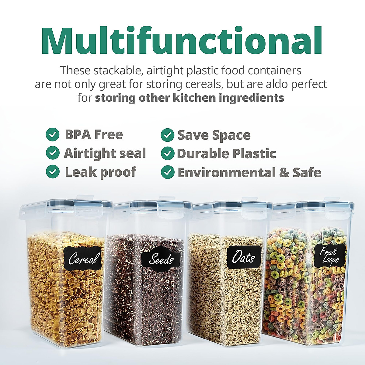 SirContainers Cereal Containers Storage - 4 Pack Airtight Food Storage Containers Large Cereal Dispenser 4 Liter Plastic Storage Containers with Lids