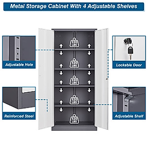 PEUKC Metal Garage Storage Cabinet, 71-inch Tall Cabinet with Adjustable Shelves & Locking Doors, Tool Cabinets for Garage,Office,Home,School,Gym (Grey White)