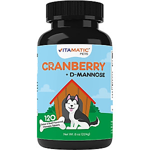 Vitamatic Cranberry for Dogs - 120 Chewable Tablets - Added D-Mannose, Apple Cider, Vitamin C for Urinary Tract Support, Bladder Support for Dogs