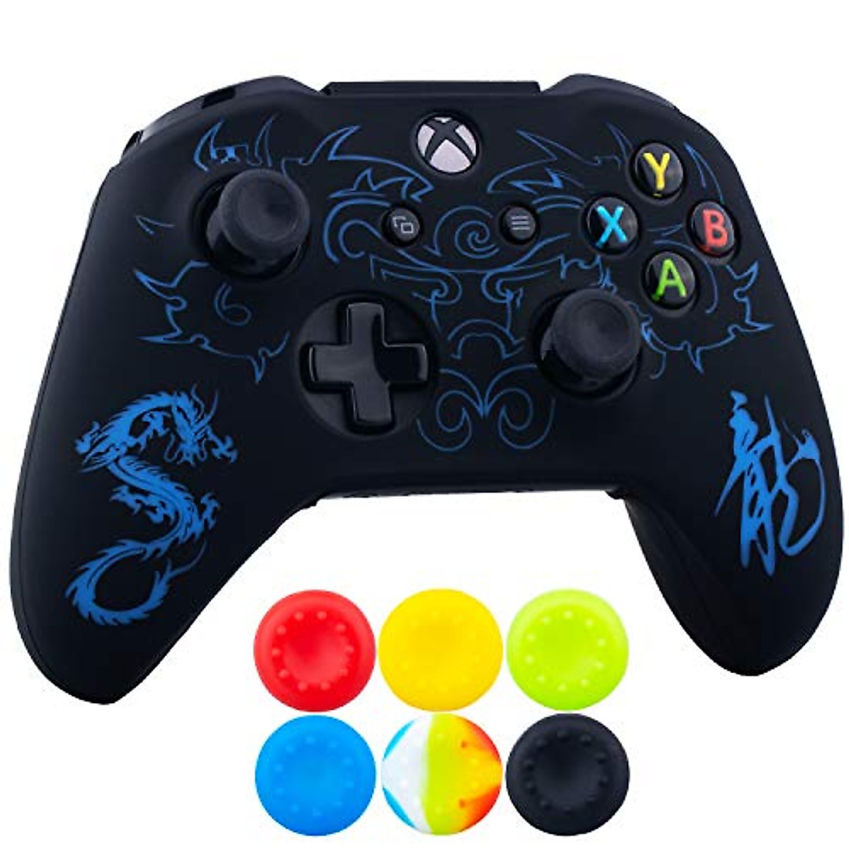 9CDeer 1 x Silicone Laser Carving Protective Cover Skin + 6 Thumb Grips for Xbox One S/X Controller Loong Blue
