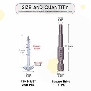 Hilitchi #8 Alloy Steel Zinc Pocket Hole Screws Weather Resistant Square Drive Screws with Square Drive (1 1/4 Inch Coarse Thread-280PCS)