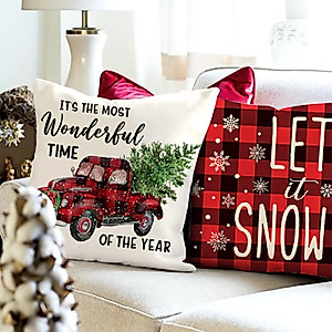PANDICORN Christmas Pillow Covers 16x16 Inch Set of 4 Red Black Buffalo Plaid Christmas Tree Truck Outdoor Farmhouse Decorations Xmas Winter Holiday Decorative Throw Pillow Cases for Couch Home Decor