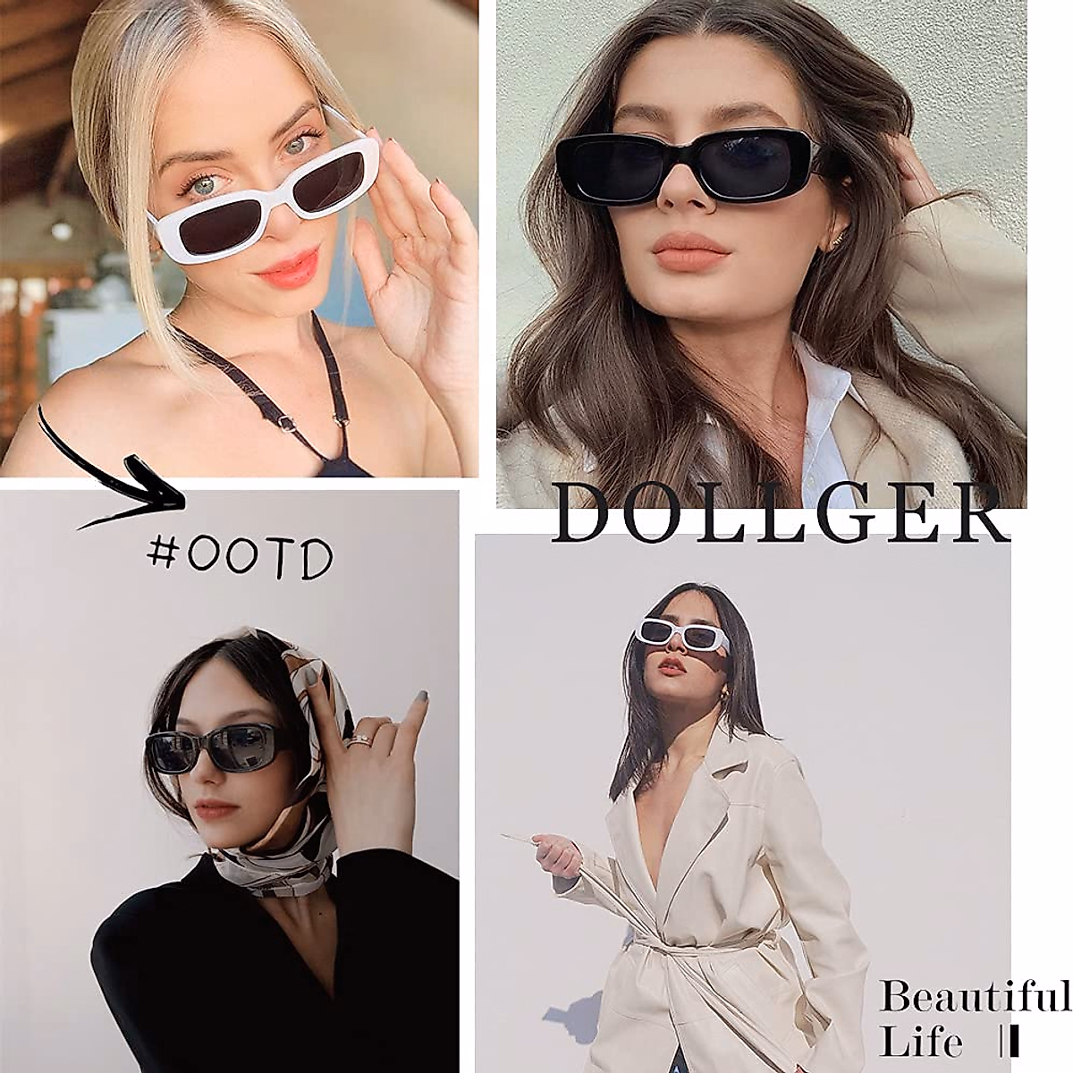 Dollger Trendy Rectangle Sunglasses For Women Men Trendy Vintage Rectangular y2k white Shades sunglasses Black+ white