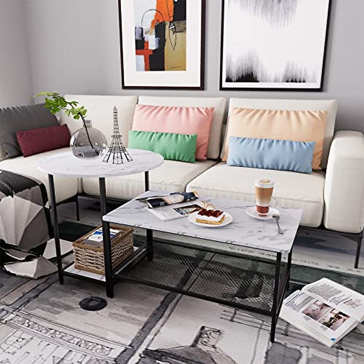 Huhote Nesting Coffee Table Set of 2 Storage End Table Modern White Faux Marble Round and Rectangular Table,2 Tiers Large Table with Metal Frame for Living Room Balcony Cabin Bed Room Dining Room.