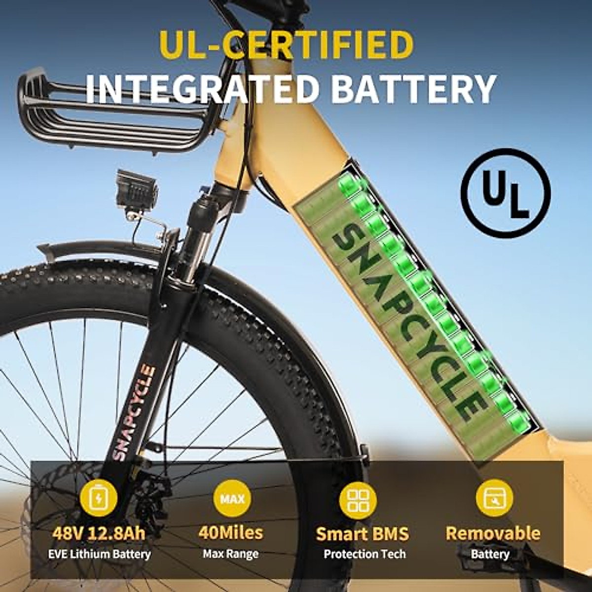 Snapcycle Stinger Electric Bike for Adults, 28 MPH, Peak 750W Brushless Motor, AC 144W Fast Charge, 614Wh EVE Removable Li-ion Battery, 26"×3" Fat Tire Commuter Ebike, 7-Speed Gear