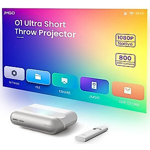 JMGO O1 Ultra Short Throw Projector,for 1080P FHD Movie Theater Projector 800 ANSI Lumens,Bluetooth Projector with WiFi,Gaming Projector with Dynaudio Speakers,3D Mode,Auto Focus&Keystone Correction