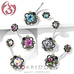 Forbidden Body Jewelry Surgical Steel Aqua CZ Centered Flower Vintage Filigree Belly Button Ring with Matching Top