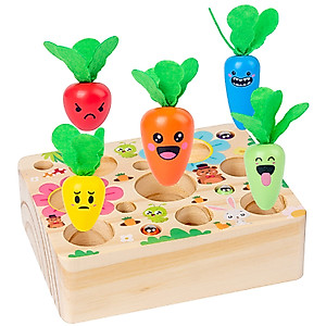 DuLaSeed Montessori Toys, 17 Packs Carrot Harvest Game Wooden Shape Size Sorting Puzzles Toys for Birthday Gift,Learning Educational Toys for Toddlers Baby Preschool 3+ Years Old Girls Boys