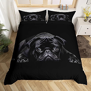 Dog Printed Duvet Cover Cute Pug Dog Bedding Set 3D Animal Theme Comforter Cover for Boys Girls Kids Room Decor Lovely Pet Dog Pattern Bedspread Cover Black Twin Size with 1 Pillow Case