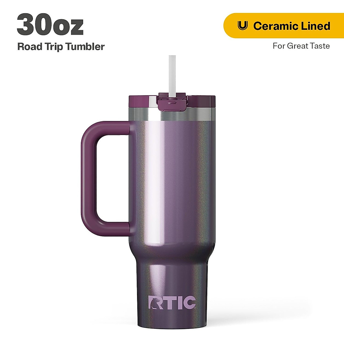 RTIC 30 oz Road Trip Tumbler Double-Walled Insulated Stainless Steel Portable Travel Coffee Mug Cup with Lid, Handle and Straw, Plum Glitter