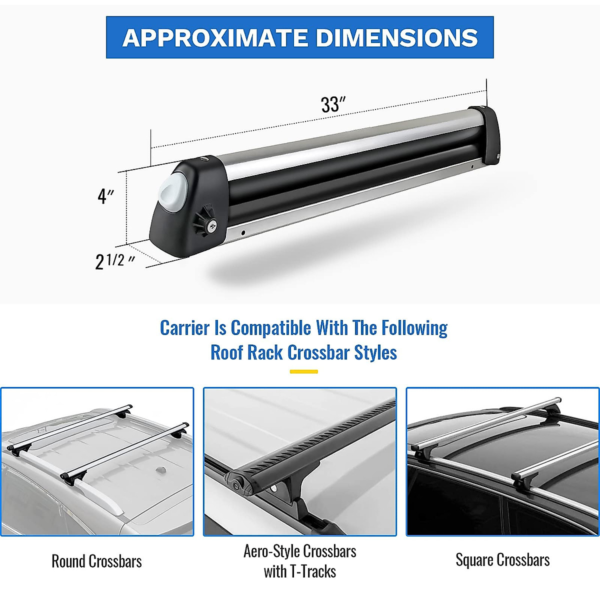 AA Products Inc. 33'' Aluminum Universal Ski Roof Rack Fits 6 Pairs Skis or 4 Snowboards, Ski Roof Carrier Fit Most Vehicles Equipped Cross Bars
