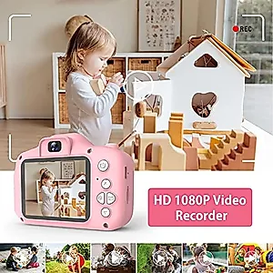 Children Camera, Children Digital Camera, Children Toy Camera with 1080P HD Video, 32GB SD Card, 2.0 Inch IPS Screen, 8 Times Zoom, Timer Shooting, Birthday Gifts for Girls Aged 3-9 Years Pink