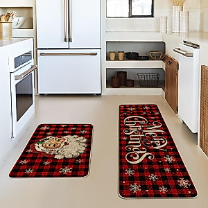 Artoid Mode Buffalo Plaid Snow Santa Claus Christmas Kitchen Rugs Set of 2, Winter Low-Profile Floor Mat Merry Christmas Decorations for Home Kitchen - 17x29 and 17x47 Inch