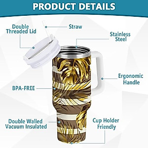 ODAWA 30 Oz Tropical Leaves Stripe Brown Insulated Water Bottle with Lid and Straw, 2 in 1 Lid Insulated Double Insulated Tumblers