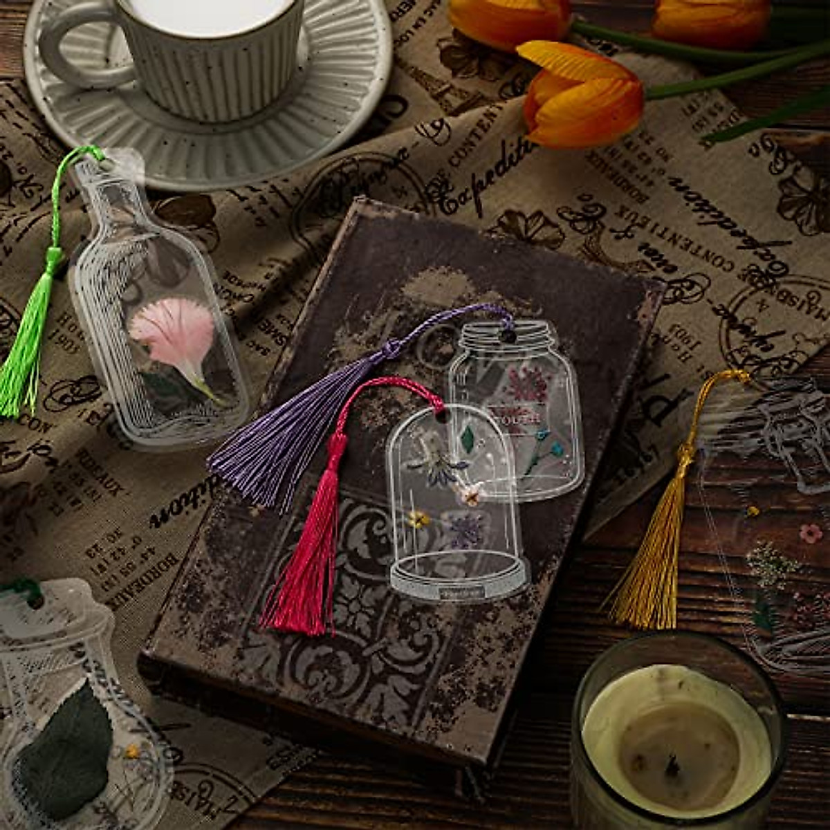 120 Pieces Mixed Size Transparent Dried Flower Bookmarks Kit Cute Bottle Shaped Flower Bookmark Maker Handmade DIY Transparent Floral Page Clear Floral Bookmark Point Tweezer Hole Punch
