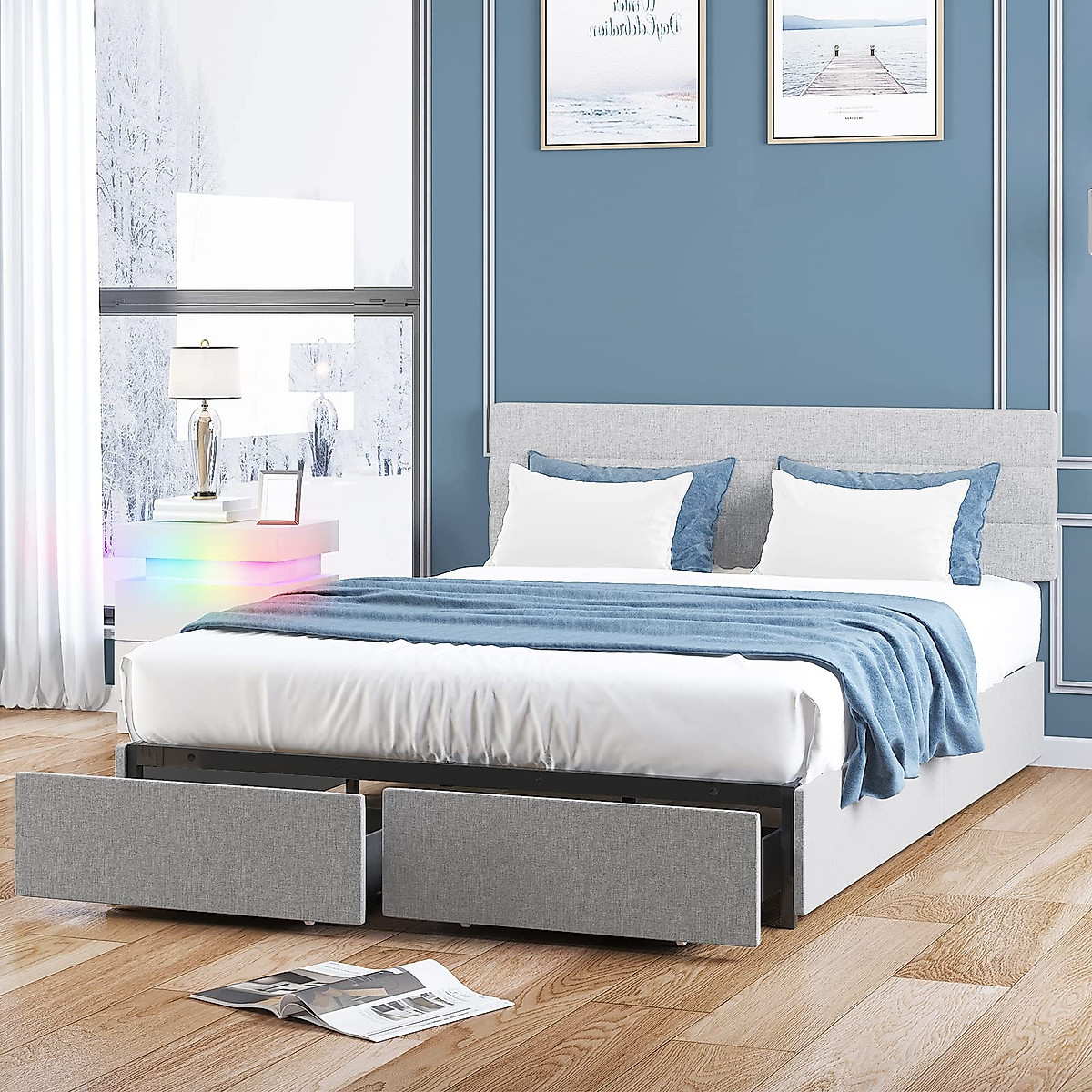 Mixoy Cal King Bed Frame with 2 Storage Drawers. Upholstered Platform Bed with Cotton Linen headboard,Wood Slat Support,Footboard with Drawer.No Box Spring Needed/Easy Assembly(Cal King,Light Grey)
