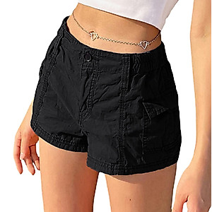 Women Y2k Cargo Shorts Casual Pockets Bottoms Shorts Sexy Slim Fit Mini Hot Pants Vintage Retro Streetwear(Girls Black,M)