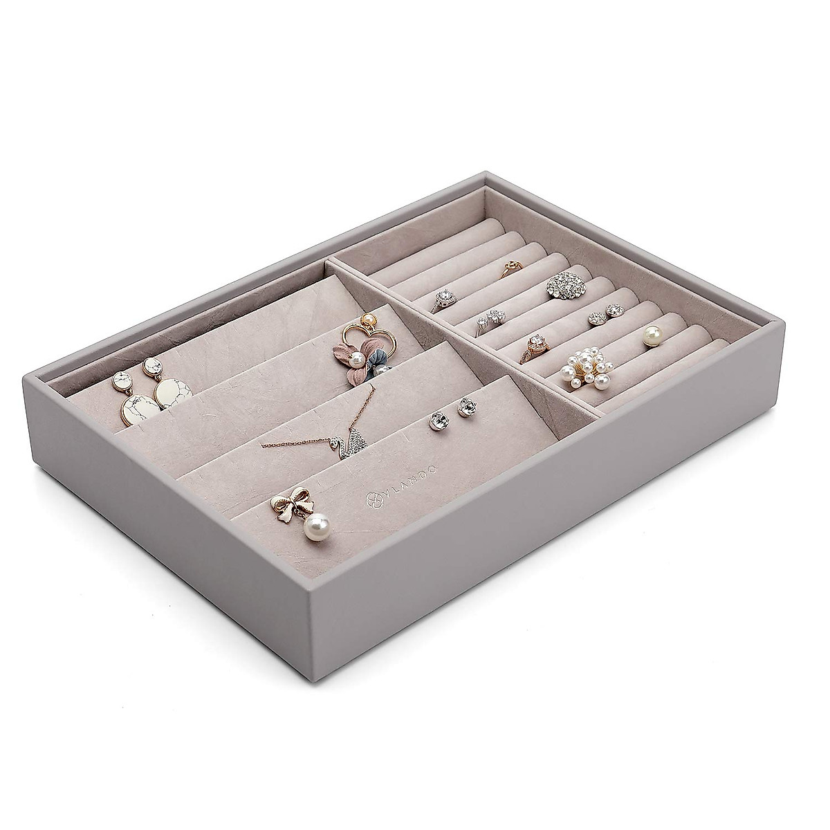 Vlando Jewelry Tray - Faux Leather Glass-top Jewelry Storage Organizer - Earring Necklace Bracelet Ring Display Desktop Drawer Chest, 4-Layer w/Clear Lid, Grey