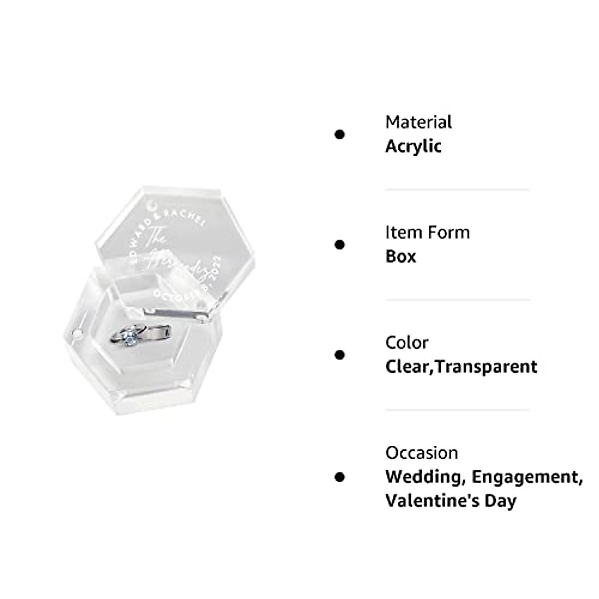 JFLL Personalized Clear Hexagon Wedding Ring Box，Engraved Romantic Wedding Jewelry Bearer Box, Engagement Proposal Ring Storage Gift, Modern Ring Dish，Custom Names & Date, Transparent
