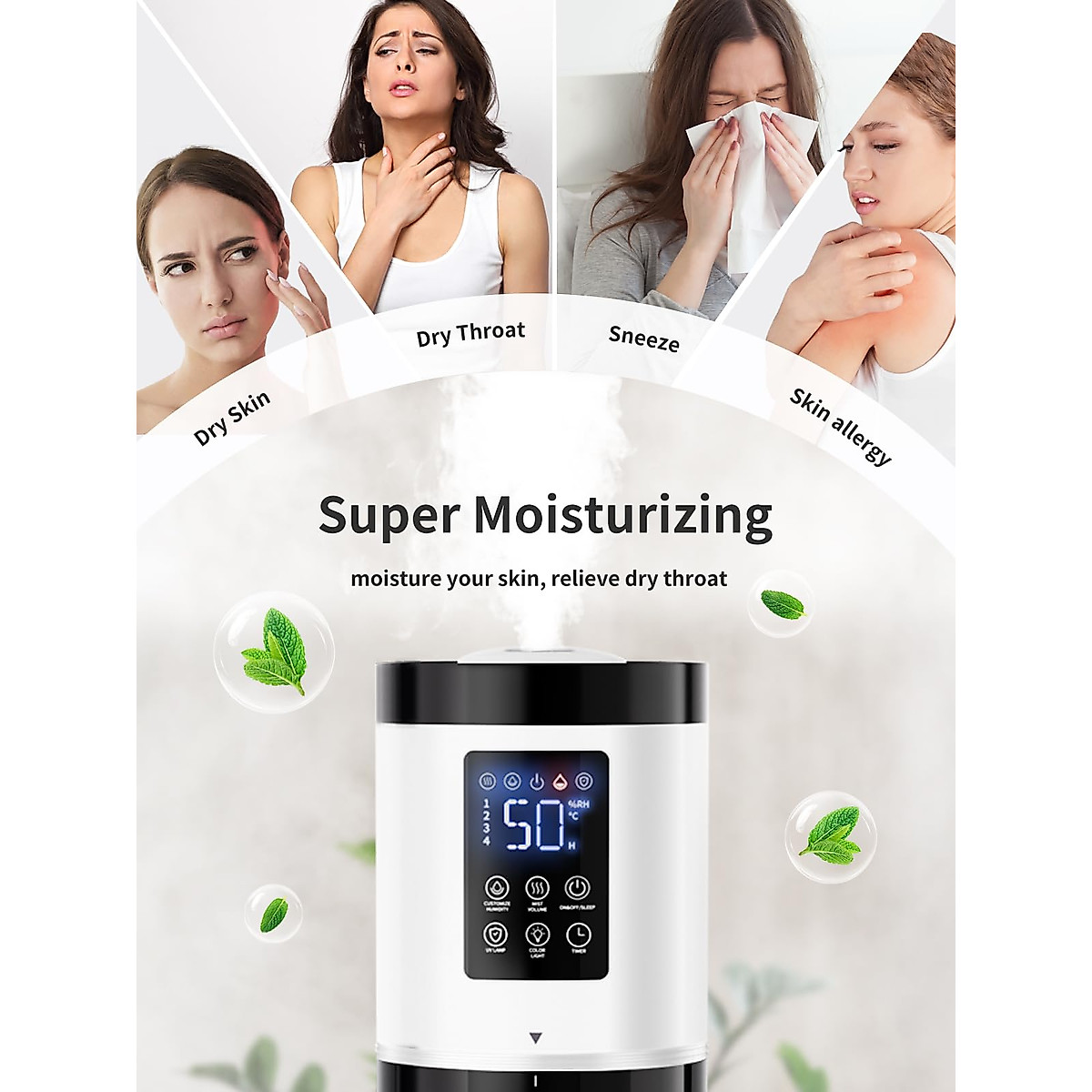 Humidifiers for Bedroom Large Room, 8L Large Capacity Cool Mist Humidifier, Air Humidifiers for Home, Smart Humidity Setting, Easy Top Fill, Sleep Mode, Essential Oil Box & Ambient Light, Auto Shutoff