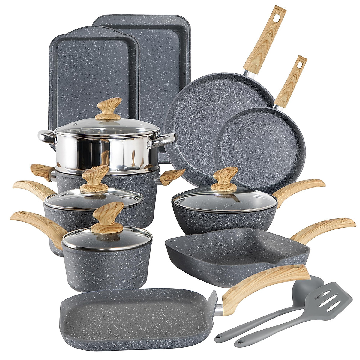 Kitchen Academy Granite Nonstick Cookware Set - 17 Piece Gray Cooking Pans Set, Induction Pots and Pans Set Non Stick, PFOA & PFOS Free.