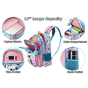 Meetbelify Rolling Backpack for Girls 5 in 1 Panda Elementary Student School Backpacks with Wheels Trip Luggage 17 inch kids Laptop Bag with Lunch Box for Teen Girls