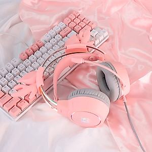 SIMGAL Antler Gaming Headset with Mic, 3.5mm Lightweight Headphones with RGB Aluminum Frame, Surround Sound, Compatible with PS4 PS5 Xbox One(Adapter Not Included) PC Mobile (Pink with Antler)